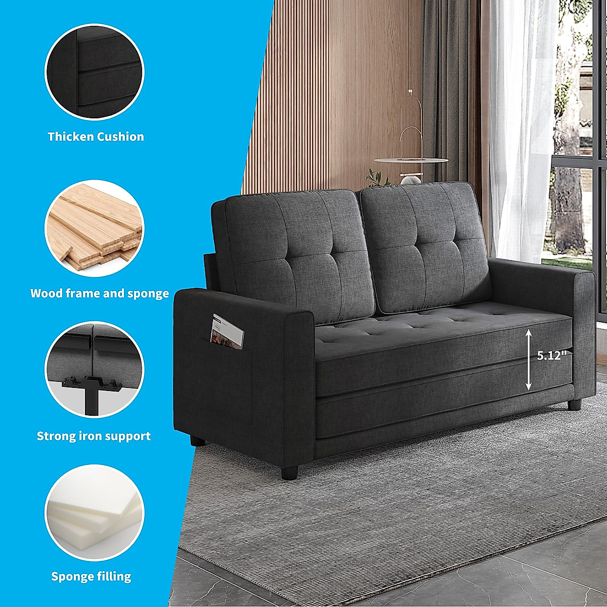 Mjkone Pull Out Sofa Bed, 3-in-1 Loveseat with 2 Pockets, 84" Tri-Fold Multi-Function Sleeper Sofa Bed, Futon Sofa Bed, Convertible Fold Out Sofa Couch for Living Room/Apartment/Office - Dark Gray