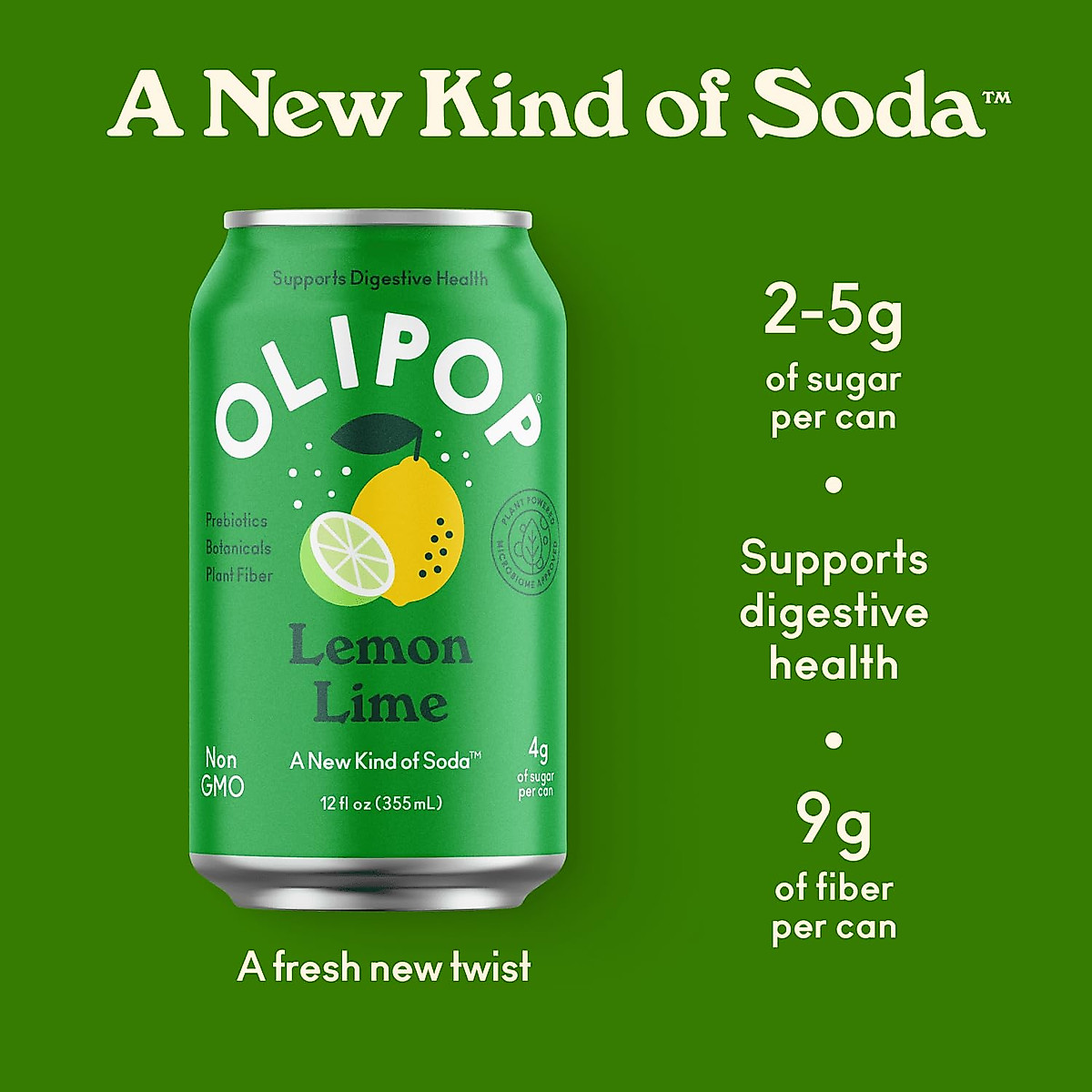 OLIPOP Prebiotic Soda Pop, Lemon Lime, A New Kind of Soda Packed with Prebiotics, Fiber, and Botanicals, Gluten Free, Vegan, GMO Free, 12oz (12-Cans)
