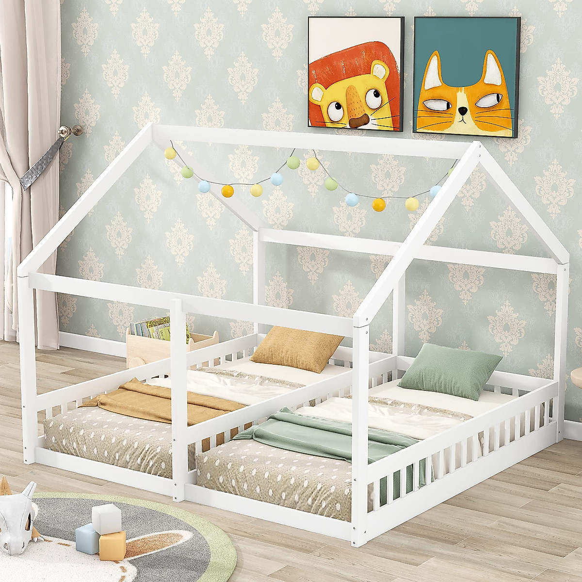 Twin House Bed for 2 Kids Wood Double Floor Beds Frame with Fence Railings Two Shared Beds for Boys Girls Teens, Twin Size, White