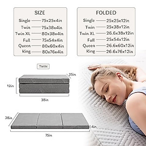 Tri-Fold Memory Foam Mattress, 4 inch King Folding Mattress with Collapsible and Washable Cover, Travel and Guest Mat, 80"×76"×4", Grey