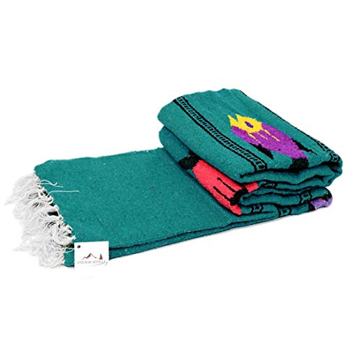 Open Road Goods Thick Mexican Yoga Blanket Turquoise/Sea Green - Serape Fish Design - Handmade/Handwoven Genuine Mexican Style Blanket