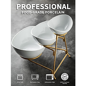 LAUCHUH 3 Tier Serving Stand, Pocerlain Oval Bowl Set with Stand Ceramic Fruit Bowl with Rack for Dessert, Appetizer, Candy Chip Dip, Vegetable, Gold