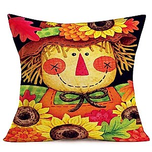 Xihomeli Hello Fall Throw Pillow Covers Cute Scarecrow with Sunflower Leaves Pillows Decorative Pillow Cover Cotton Linen Autumn Harvest Pillow Case Outdoor Home Decor Sofa 18x18 Inch (Scarecrow)