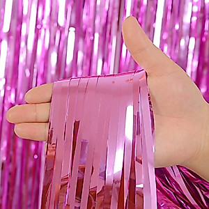 Pink Foil Fringe Curtains Tinsel Backdrop, Melsan 3.2 x 8 ft Metallic Tinsel Curtains Party Decorations for Baby Shower,Babbie, Mermaid Themed Birthday Party Backdrop - Pack of 2