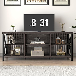 LVB Rustic TV Stand, Industrial Entertainment Center for 70 Inch TV, Long Wood and Metal Television Stand with Storage, Large Modern Farmhouse Media Console Table for Living Bedroom, Rustic Oak, 59 In
