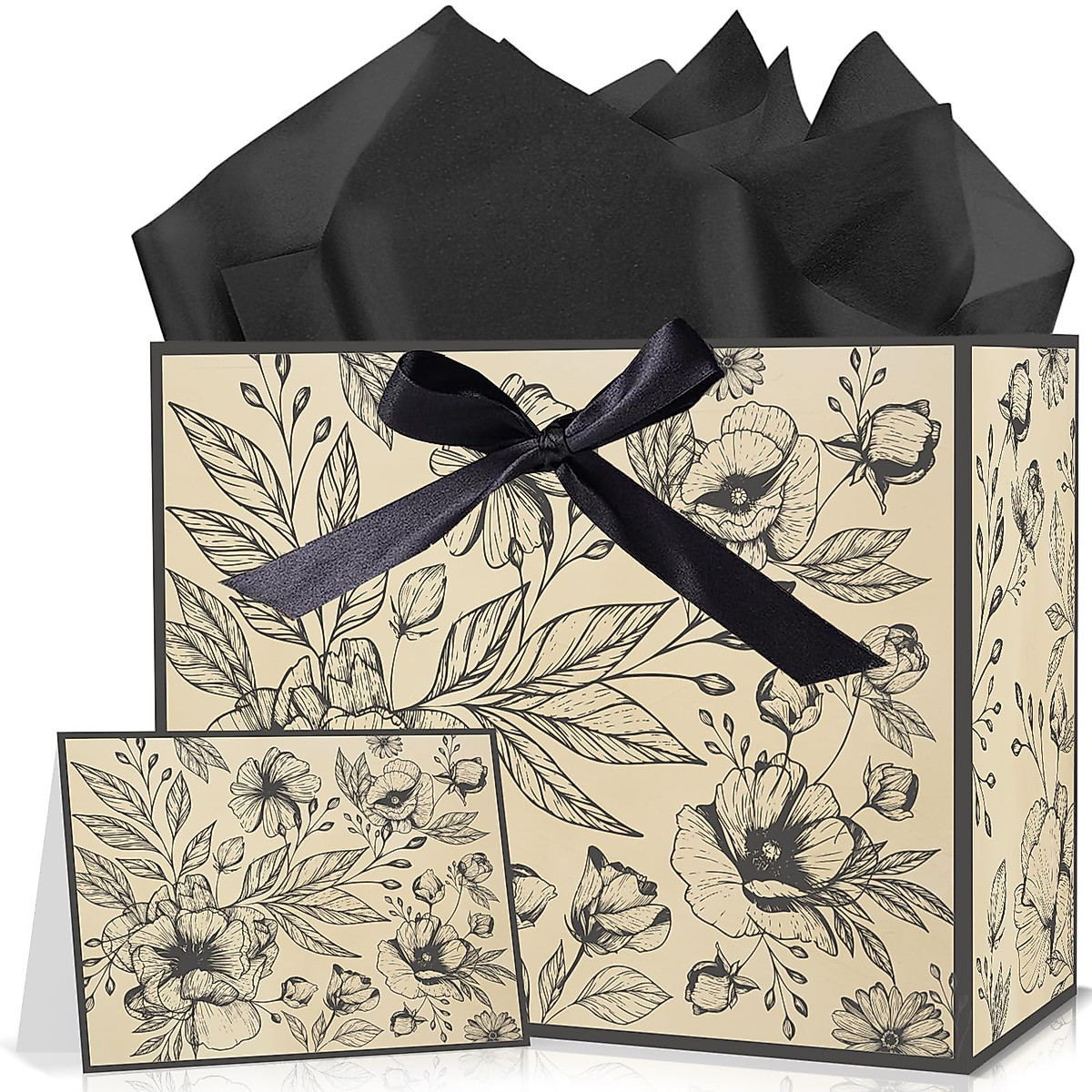 Yoirrat Vintage Floral Gift Bag Christmas Paper Bag Black Flowers Wrapping Bag with Paper Card Vintage Wildflower Gift Wrap Bag for Women Wedding Bridal Christmas Anniversary Birthday Party Supplies
