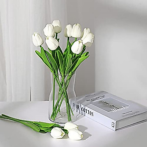 SOJIRUSPA White Tulips Artificial Flowers 20 Pcs Fake Faux Tulips PU Real Touch Tulips Fake Flowers for Home Office Wedding Decor Arrangement Bouquet Faux Flowers for Decoration