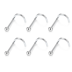 FUNLMO 6pcs 20g 2mm Ball Nose Rings Studs Nose Screw G23 Titanium Nose Rings Hoop Diamond Hypoallergenic 7mm Length Nostril Nose Piercing Jewelry for Women Men Silver