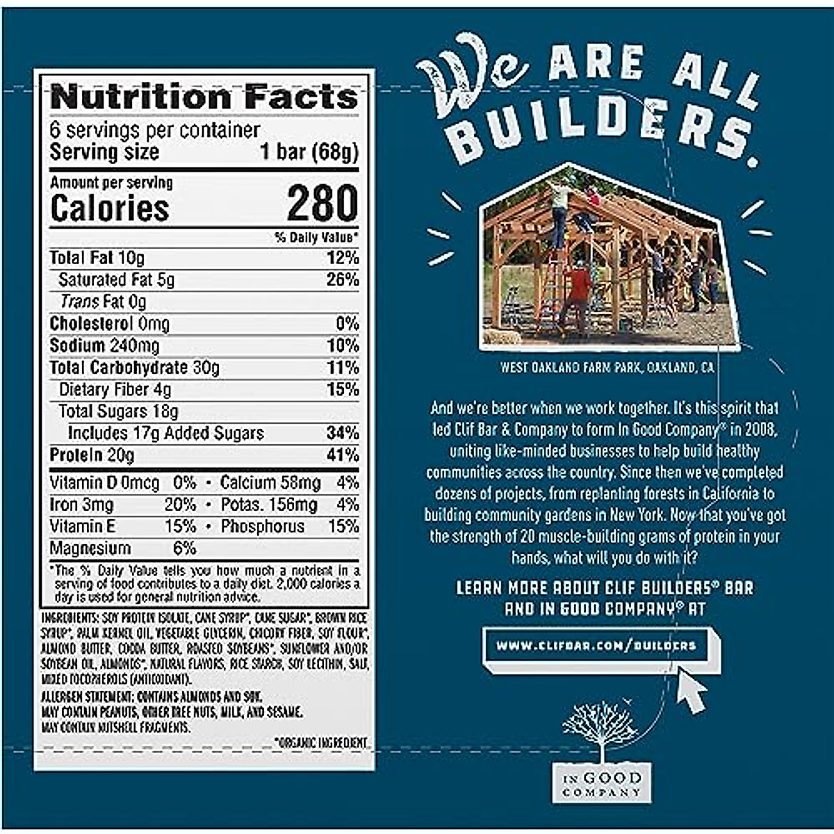 CLIF Builders - Vanilla Almond Flavor - Protein Bars - Gluten-Free - Non-GMO - Low Glycemic - 20g Protein - 2.4 oz. (6 Pack)