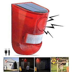 Solar Sound & Light Alarm Motion Sensor 110 Decibels Siren Sound Alert & 6LEDs Flash Warning Strobe Security Alarm System for Farm Villa(1 Pack)