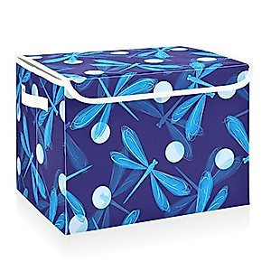 CaTaKu Cute Blue Dragonfly Storage Bins with Lids and Handles, Fabric Large Storage Container Cube Basket with Lid Decorative Storage Boxes for Organizing Clothes