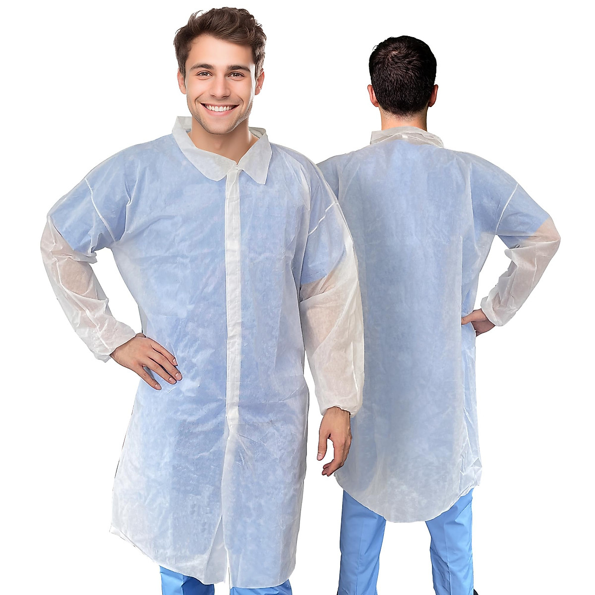 AMZ Medical Supply White Disposable Lab Coat, M. 35 GSM Polypropylene Fabric Medical PPE Coat. Knee-Length Disposable Lab Coats for Adults with Elastic Wrists, Loop Fasteners, No Pockets