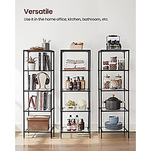 VASAGLE Bookcase, 5-Tier Bookshelf, Slim Shelving Unit for Bedroom, Bathroom, Home Office, Tempered Glass, Steel Frame, Black ULGT029B61