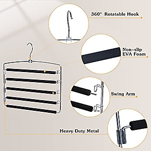 TOPIA HANGER Pants Hangers Space Saving, 2-Pack Swing Arm Pants Organizer for Closet, Non-Slip Foam Padded Organizer Hanger for Multi Slacks, Jeans, Trousers, Skirts, Scarfs, Black-CT08B