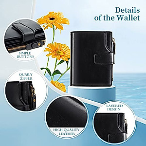 GSG Small Womens Wallet Leather Credit Card Holder, RFID Blocking Bifold Ladies Pocket Wallet with Zipper Coin Pocket, Black