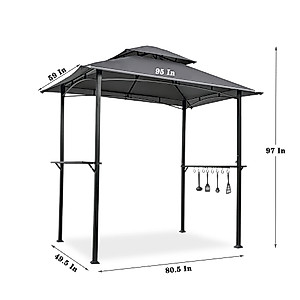 8x5 Ft Grill Gazebo, Double Tiered Outdoor BBQ Gazebo with 2 Side Shelves, Hooks, Bottle Opener, Barbecue Grill Shelter for Patio, Garden, Beach, Backyard and Picnic (Gray)