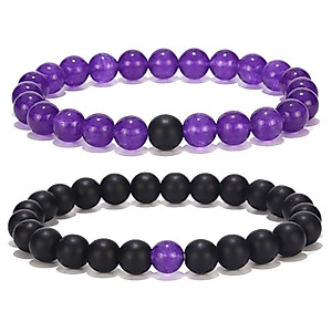 Black Matte & Purple Agate Stone His and Hers Bracelets 8mm Sandstone Couple Bracelet