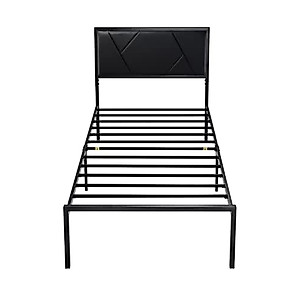 SHA CERLIN Modern Twin Size Metal Bed Frame with Geometric Litchi Grain Leather Headboard, Platform Bed with 12" Underbed Storage Space, Metal Slat Support, Noise Free, No Box Spring Needed, Black