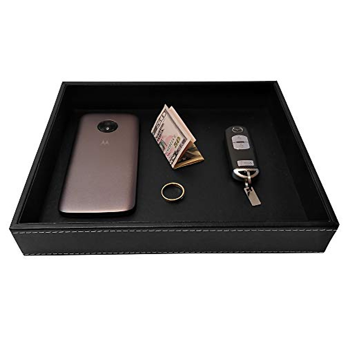 Valet Tray, Dresser Organizer, Desk Tray, Bedside Organizer, Key Bowl, Nightstand Organizer for Men, EDC Tray, Black PU Leather, 10.3 x 8.3 x 1.6 inches