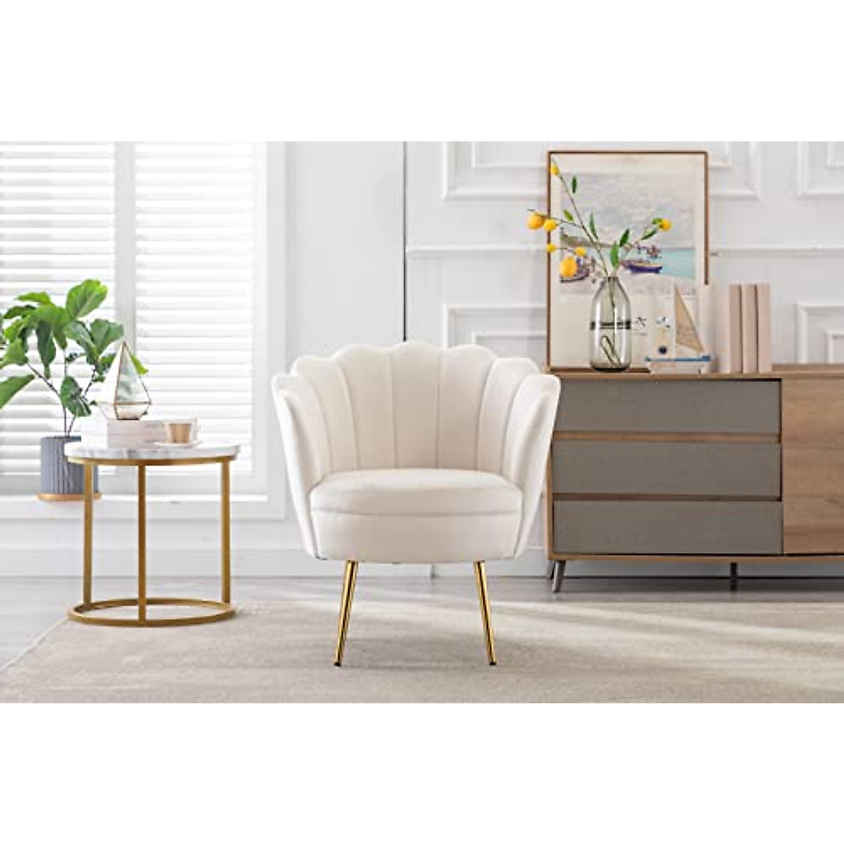 ZOBIDO Modern Accent Velvet Chairs Comfy Upholstered Vanity Chairs for Bedroom Armchair Dining Chairs with Golden Metal Legs Desk Chair Makeup Chairs for Living Room (White)