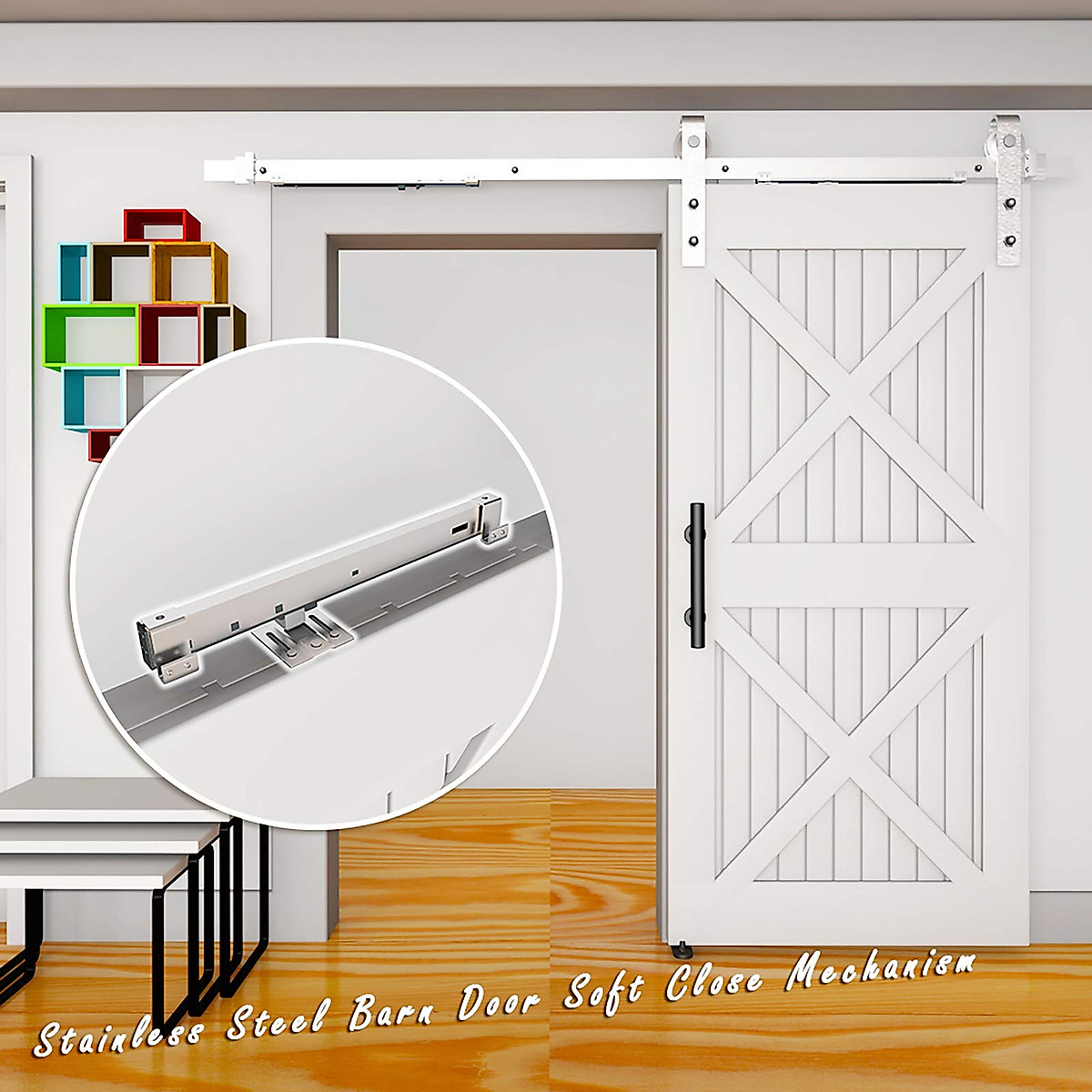 2PCS Stainless Steel Barn Door Soft Close Mechanism, Adjustable Tension Spring Buffer Damper, Hole-Free/Drilling Perfect for Silver Flat Track for Door Weight 77-132 Pounds with Actuator Spacers