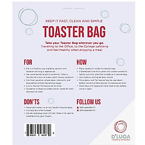 D'Luga Toaster Bags (Pack 10), non sticky reusable toaster bags, perfect to prepare cheese sandwiches, pizza, chicken nuggets, fish, vegetables, croissants. Used in oven, toaster or microwave.