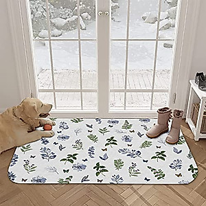 Welcome Doormat Green Leaf Flowers Butterfly White,Rubber Backing Kitchen Carpet Pastoral Botanical,Durable Washable Entry Rugs for Bedroom Dining Room Front Door Decor 16x24In