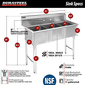 Stainless Steel Commercial Kitchen Sink - DuraSteel 3 Compartment Utility Sink w/Cross Bracing Legs - Triple 15" x 15" x 12" Bowl Size - For Restaurant, Laundry, Garage & Backyard - NSF Certified