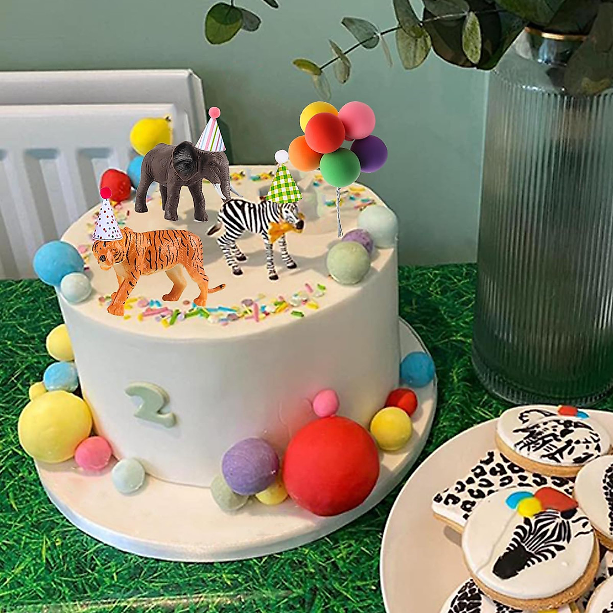 Safari Animal Cake Toppers with Mini Birthday Party Hat Color Balls Cake Decorations for Jungle Wild Themed Baby Shower Birthday Party Supplies