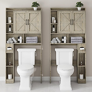 Over The Toilet Storage Cabinet, Farmhouse Storage Cabinet Over Toilet with 2 Barn Door & Toilet Paper Holder Stand，Home Space-Saving Toilet Rack, for Bathroom, Restroom, Laundry