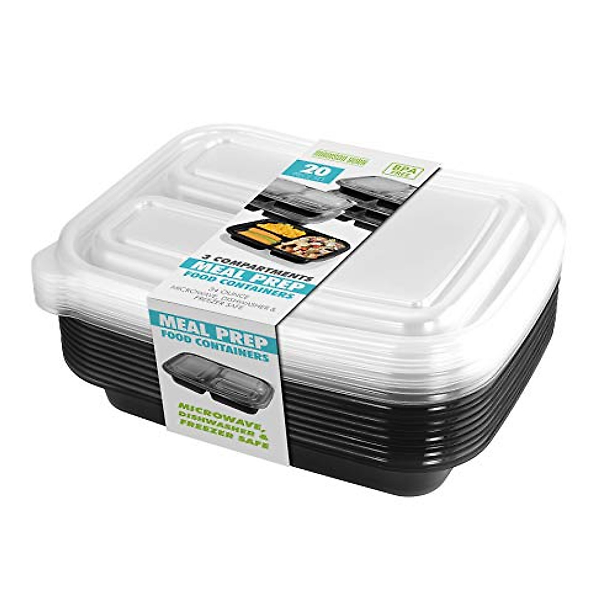 20 PIECE MEAL PREP CONTAINER KIT - 3 SECTIONS - BLACK
