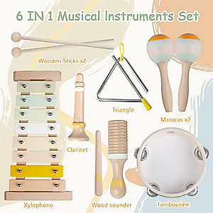 Baby Musical Instruments-Montessori Wooden Toys for Toddlers 1-3,Neutral Colors Percussion Instruments Set with Modern Boho Xylophone for Kids Preschool Educational 3+