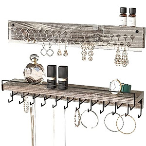J JACKCUBE DESIGN Wall Mount Necklace Holder Jewelry Hanger with 23 Hook Necklace & Bracelet Racks, Rustic Farmhouse Wood Earring Display with Clear Acrylic - MK585A