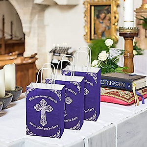 15 Pieces Welcome Gift Bags with Handles Purple Welcome to Our Church Gift Bags Religious Church Bag Baptism Gift Bag Bulk for Birthday Church Theme Party Supplies, 5.9 x 3.1 x 8.3 Inch