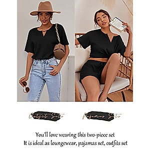 Ekouaer Waffle Knit Pajamas Set Womens Loungewear Short Sleeve Lounge Set 2 Piece PJ Sets S-XXL Black