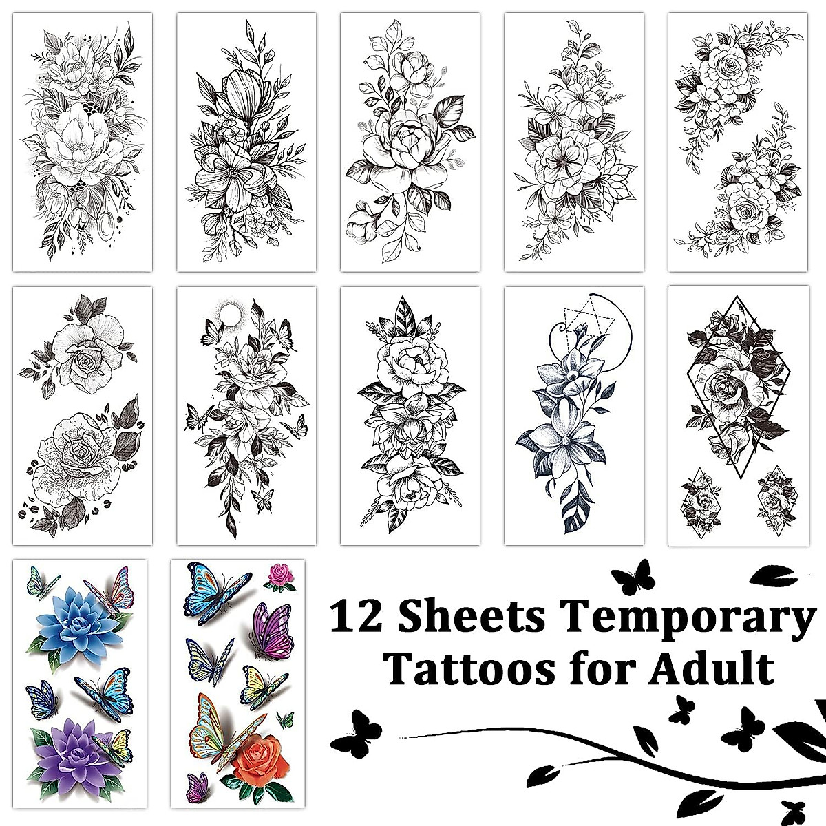 Cerlaza Temporary Tattoos for Women, Fake Flower Tattoos Stickers for Adults, Semi Permanent Half Sleeve Tattoo Body Leg Makeup Waterproof, Flower 3D Butterflies Tatuajes Temporales-12 Sheets