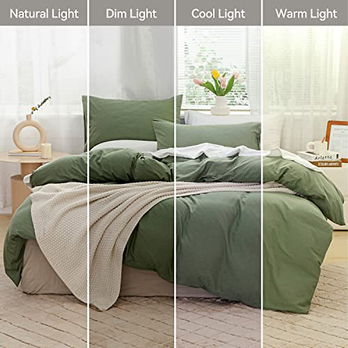 JELLYMONI Green 100% Washed Cotton Duvet Cover Set, 3 Pieces Luxury Soft Bedding Set with Zipper Closure. Solid Color Pattern Duvet Cover Queen Size(No Comforter)
