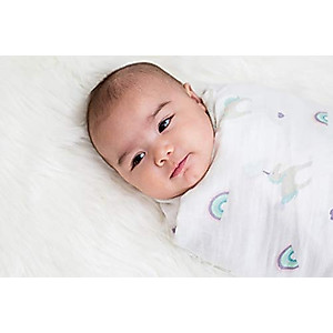 Lulujo Baby 100% Cotton Muslin Swaddle Blanket, 47 x 47-Inches, Rainbows and Unicorns