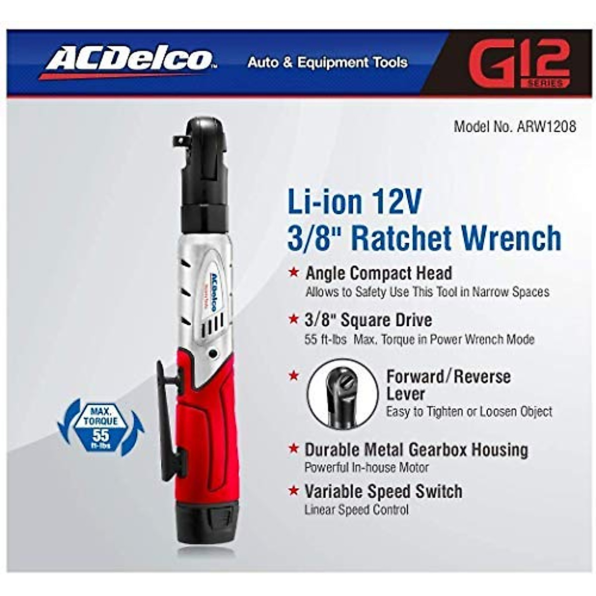 ACDelco ARW1208T G12 Series 12V Cordless Li-ion 3/8” 55 ft-lbs. Ratchet Wrench – Bare Tool Only