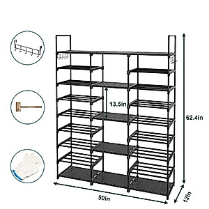 Caitlyn 9 Tiers Shoe Rack Storage Organizer Shoe Shelf Organizer for Entryway Holds 50-55 Pairs Shoe and Boots, Versatile Hooks Stackable Shoe Cabinet, Black