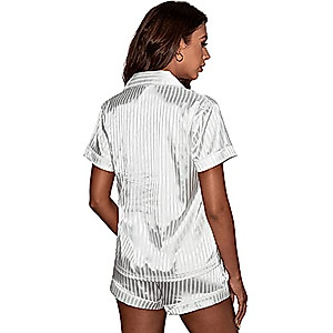 Verdusa Women's Striped Satin Sleepwear Short Sleeve Shirt and Shorts Pajama Set White M