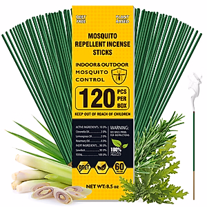 Mosquito Repellent Outdoor Patio 120 PCS, Citronella Oil Mosquito Incense Sticks Indoor Home Pet Family Safe, Natural Plant-Based Bug Insect Barrier for Yard Garden Lawn Camping Fishing