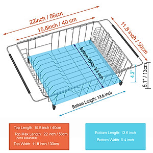iPEGTOP Expandable Deep Large Dish Drying Rack and Utensil Cutlery Holder, Rustproof Stainless Steel Over Sink Dish Rack Basket Shelf, Dish Drainer in Sink or On Counter
