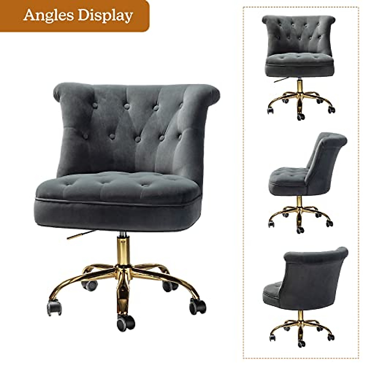 HULALA HOME Velvet Home Office Chair with Gold Base, Comfortable Modern Cute Desk Chair, Adjustable Swivel Task Chair for Living Room Bedroom Vanity Study/Grey
