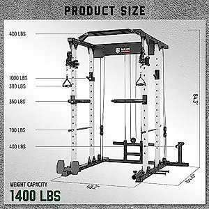 MAJOR LUTIE Power Cage with Weight Bench, 230LBS Competition Bumper Plates and Olympic Barbell, PLM03 Multi-Function Power Rack with Adjustable Cable Crossover System and Exercise Attachment White
