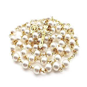 Rosary Beads Catholic for Women, First Holy Communion Rosary Gifts Catholic for Women, Gold White Rosary Necklace for Women Imitation Pearl Beads Necklace Rosarios Catolicos