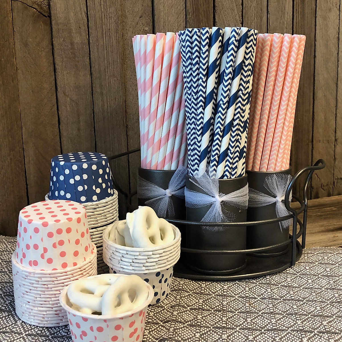 Outside the Box Papers Pink and Navy Blue Chevron and Dot Paper Straws 7.75 Inches 100 Pack Pink, Navy Blue, White
