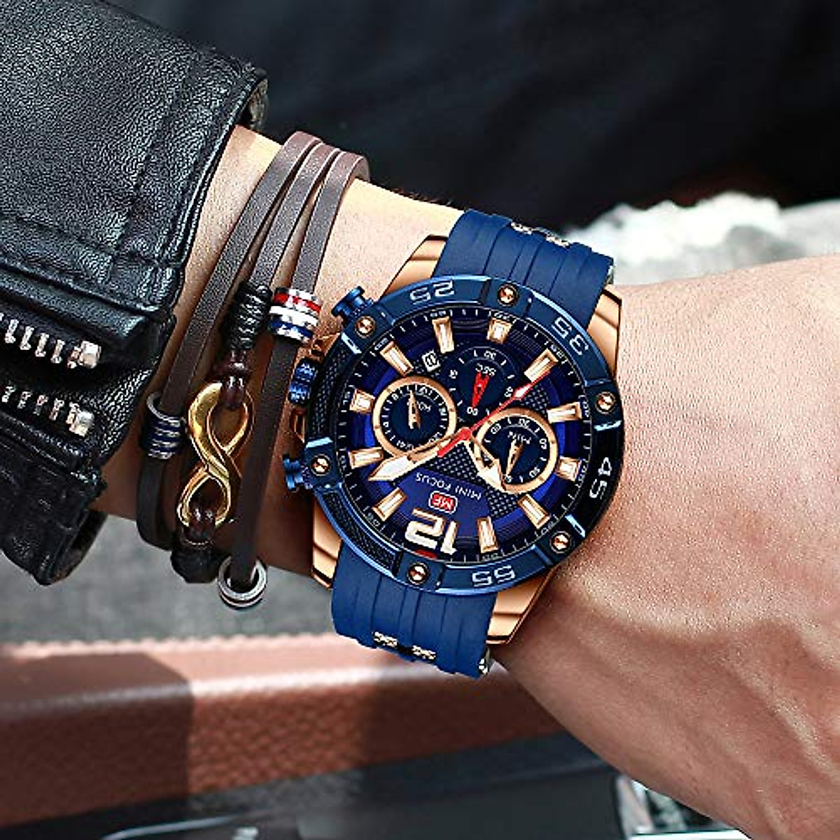 Mini Focus Men Watches Unique Casual Wrist Watches (Chronograph/Waterproof/Luminous/Calendar/24 Hours) Silicon Band Fashion Watches for Men (Blue-Golden)