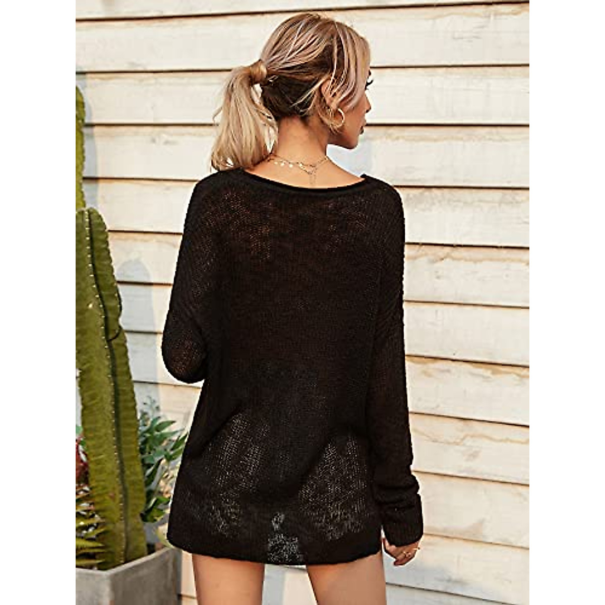 Anna-Kaci Women's V Neck Knit Pullover Sweaters Long Sleeve Distressed Casual Chunky Tunic Shirts, Black, Medium