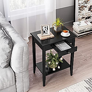 IDEALHOUSE Black End Table with Drawer, Side Table for Living Room Bedroom, Wood Nightstand with Shelf, 2-Tier Storage Bedside Table Accent Table Small Table for Small Places